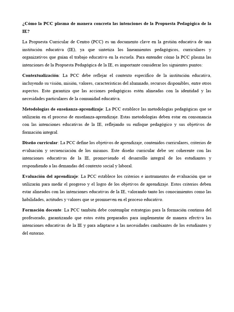 Cómo La PCC Plasma de Manera Concreta Las Intenciones de La Propuesta Pedagógica de La IE | PDF