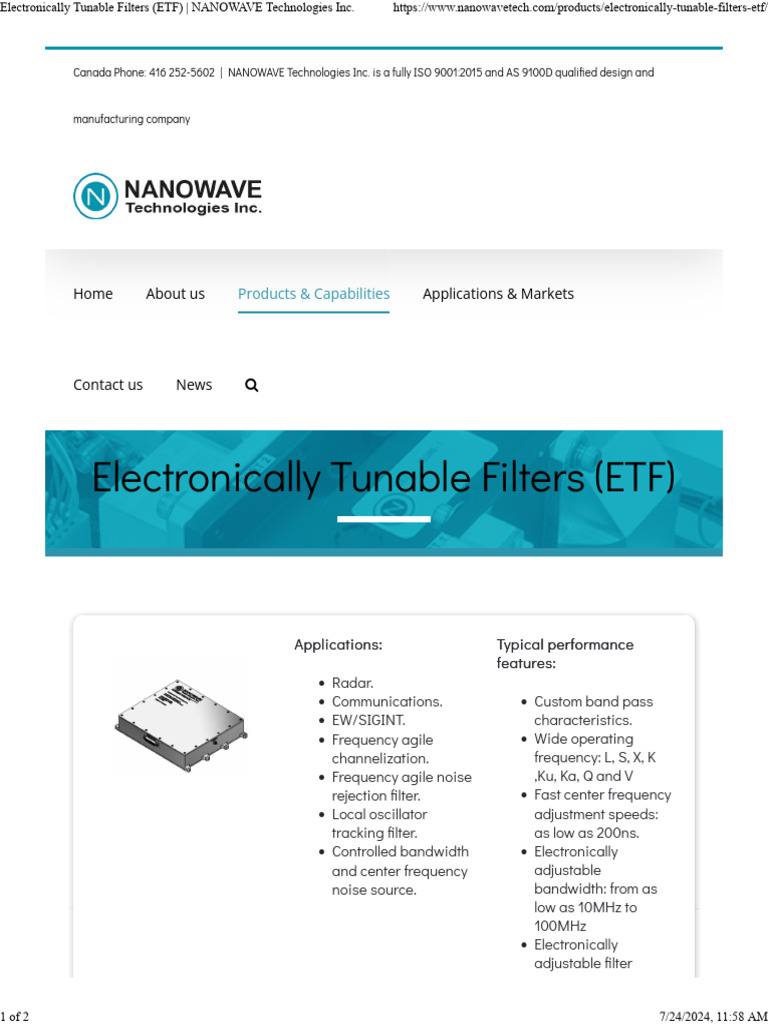 Electronically Tunable Filters (ETF) - NANOWAVE Technologies Inc | PDF ...