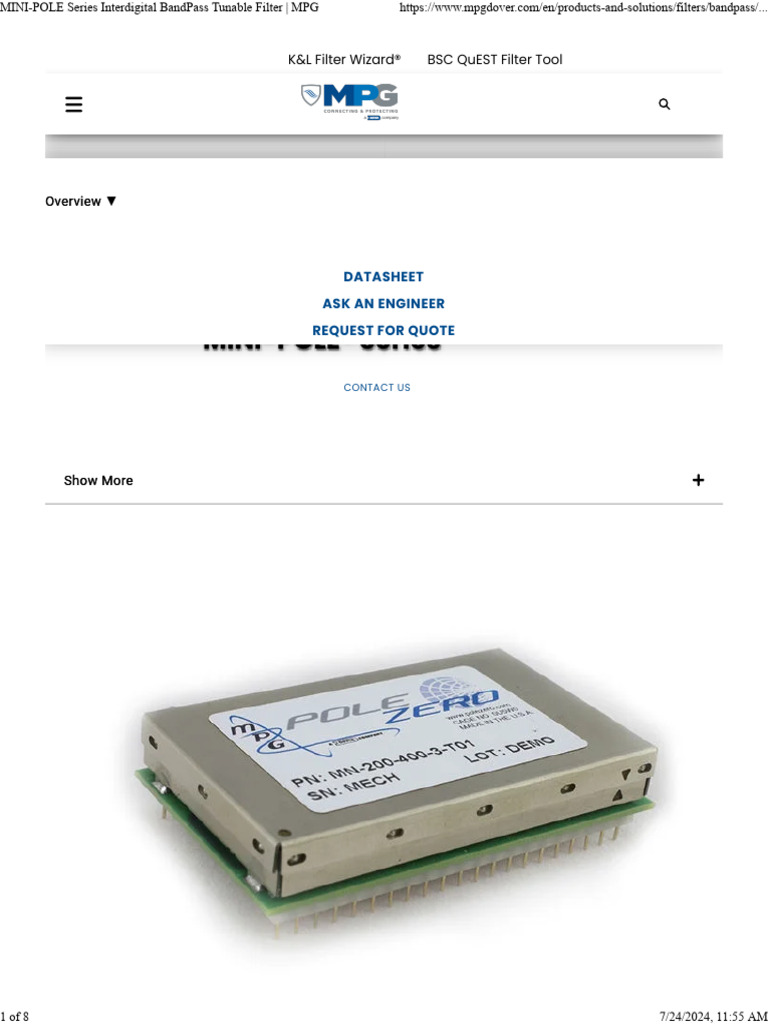 MINI-POLE Series Interdigital BandPass Tunable Filter - MPG | PDF | Wireless | Telecommunications
