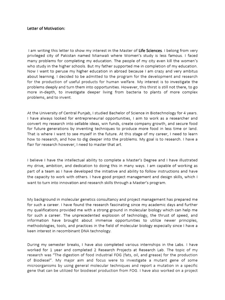 Letter of Motivation | Download Free PDF | Molecular Biology | Gene