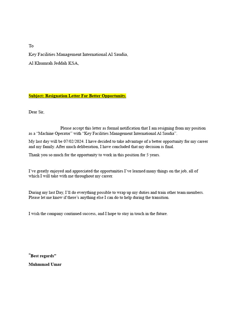 Resignation Letter from Machine Operator | PDF