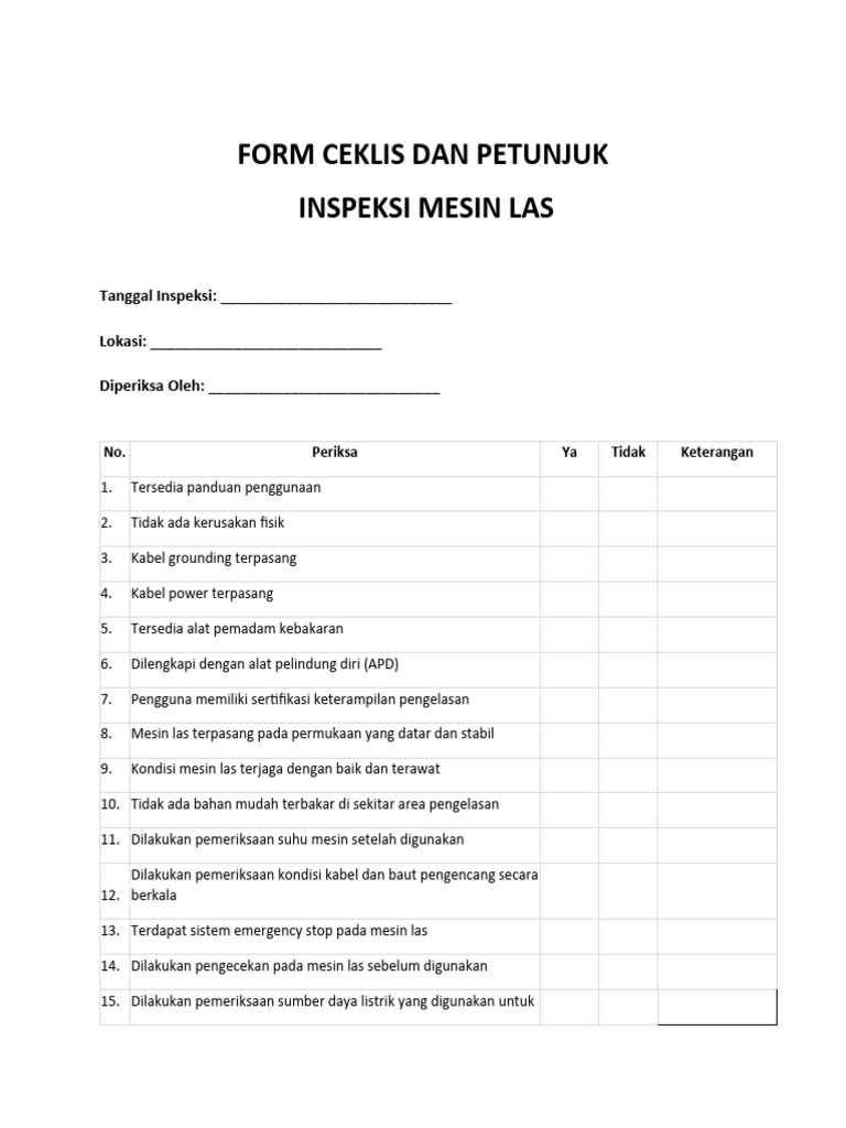 Form Ceklis Inspeksi Mesin Las | PDF | Teknologi & Rekayasa