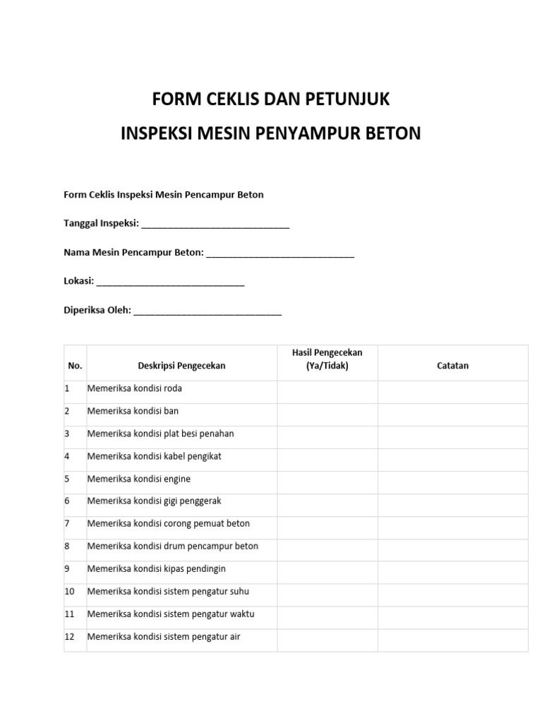 Form Ceklis Inspeksi Mesin Pencampur Beton | PDF