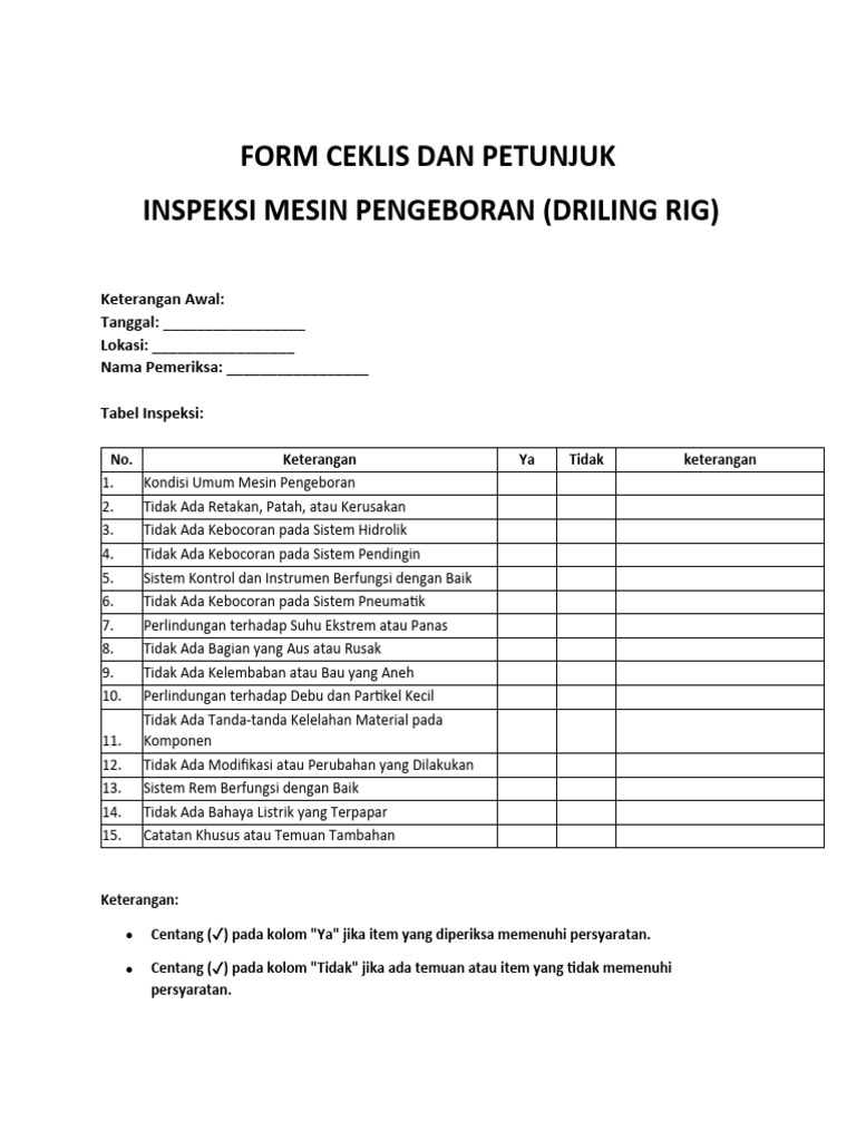 Form Ceklis Inspeksi Mesin Pengeboran (Drilling Rig) | PDF