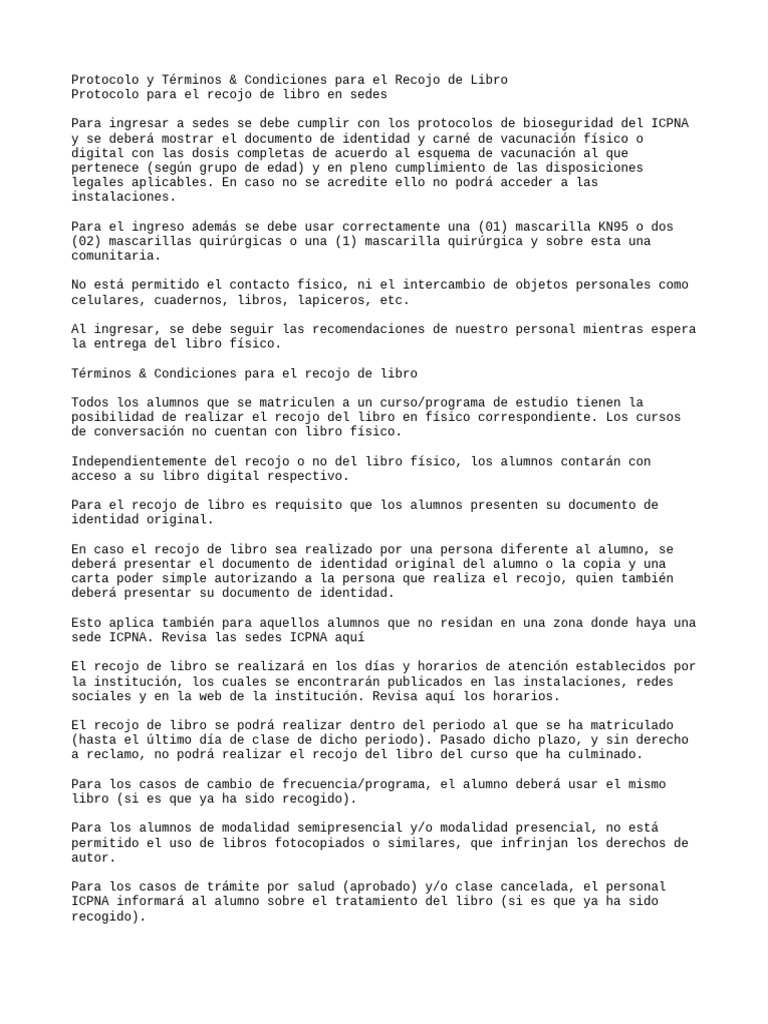 Protocolo y Términos & Condiciones para El Recojo de Libro | PDF ...