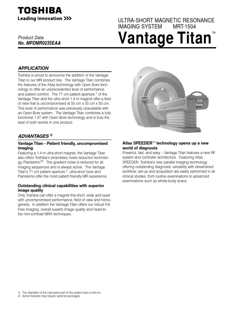 Toshiba Vantage Titan CAT Scanner Data Sheet | PDF | Magnetic Resonance ...