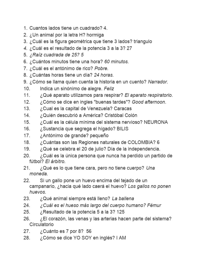 Preguntas Cultura Grado Quinto | PDF