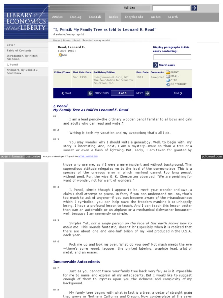 "I, Pencil: My Family Tree As Told To Leonard E. Read": Articles Econlog Econtalk Books ...