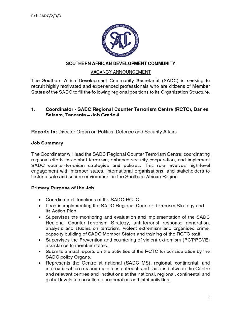 SADC Counter-Terrorism Coordinator Job | PDF | Policy | Innovation