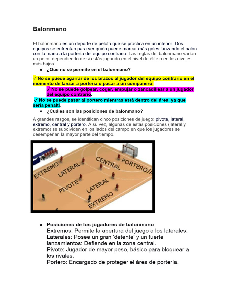 Reglas y Posiciones en Balonmano | PDF