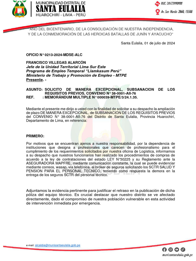 OFICIO #0213-2024-MDSE-ALC A LLAMKASUN - Compressed | PDF | Póliza de seguros