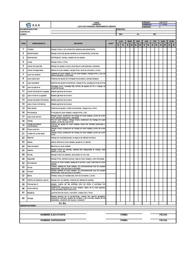 Hq-Fo-57 Lista de Chequeo Herramienta Menor V3 | PDF | Tornillo | Herramientas