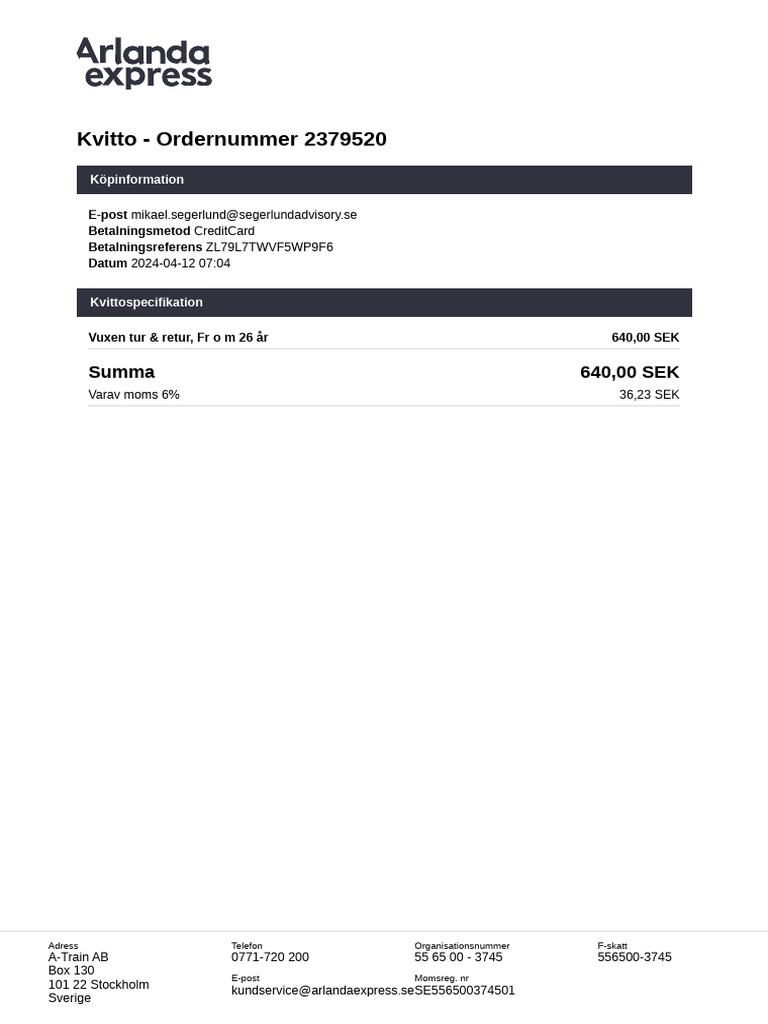 Kvitto_Arlanda Express (2) | PDF