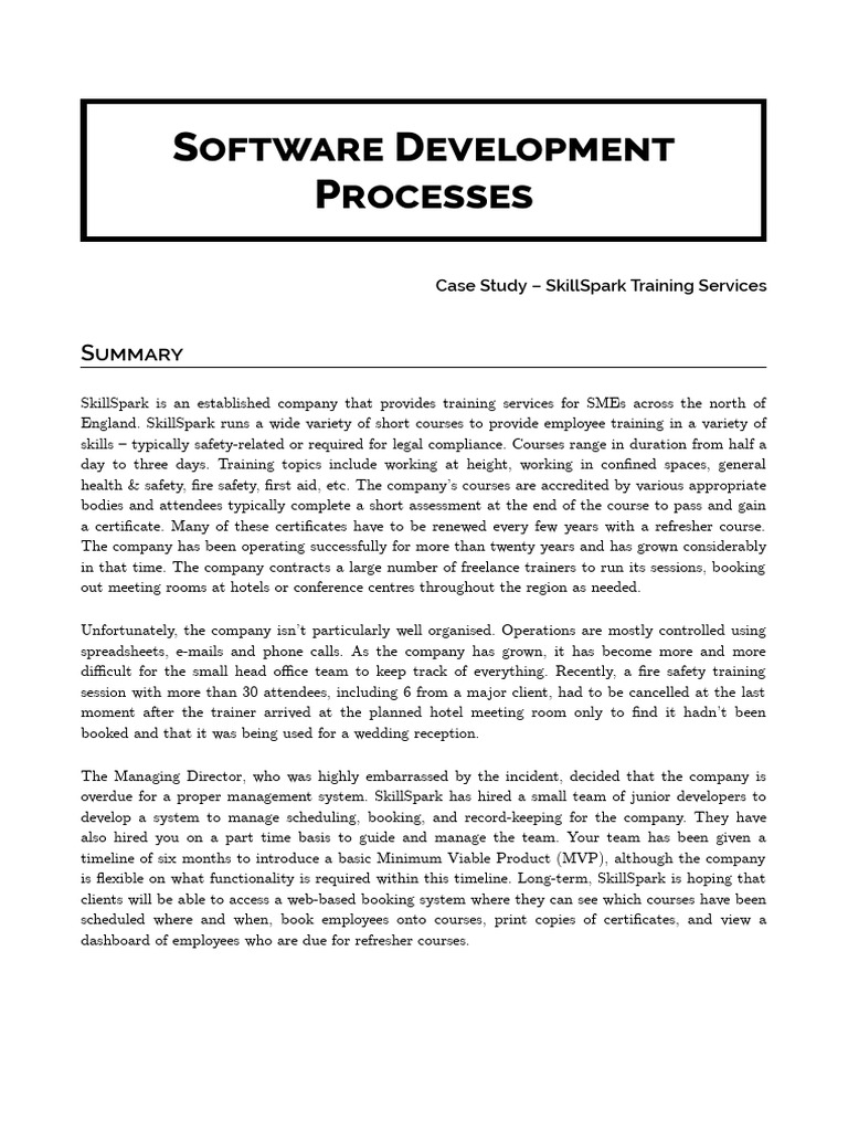 Software Dev Processes - Case Study - SkillSpark Training Services | PDF | Employment | Computing