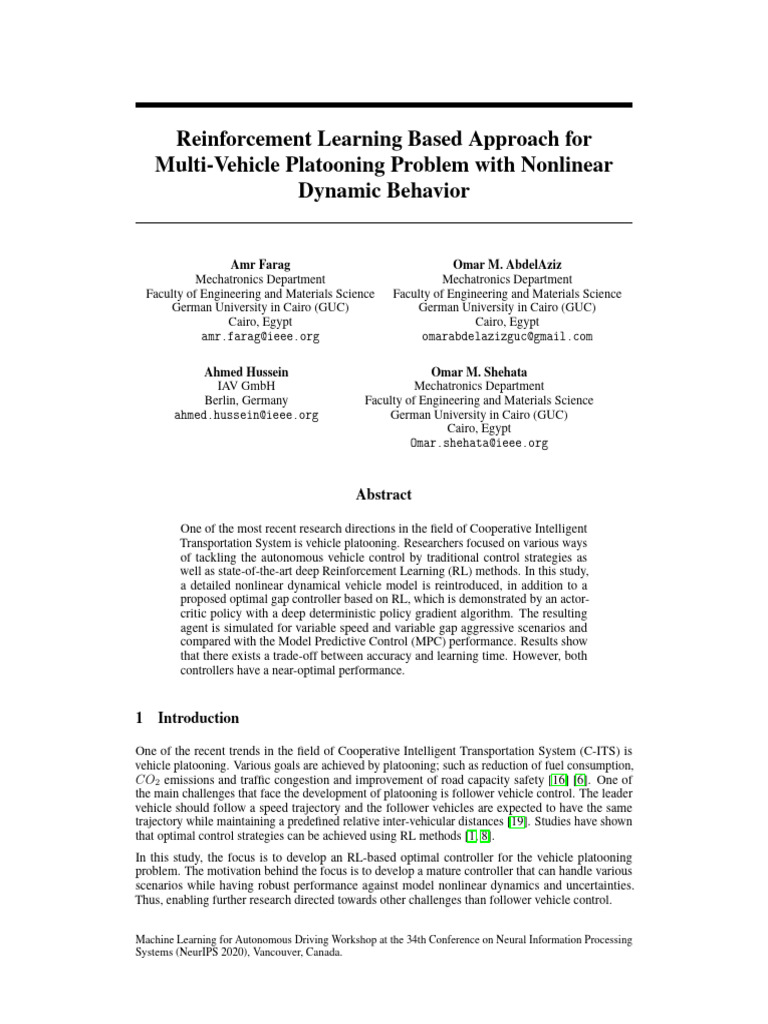 Reinforcement Learning Based Approach For Multi-Vehicle Platooning Problem With Nonlinear ...