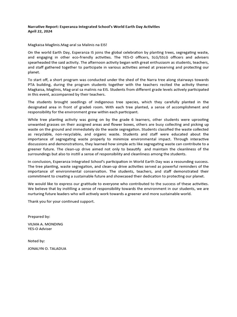 Esperanza IS Narrative Report World Earth Day 2024 | PDF | Waste ...