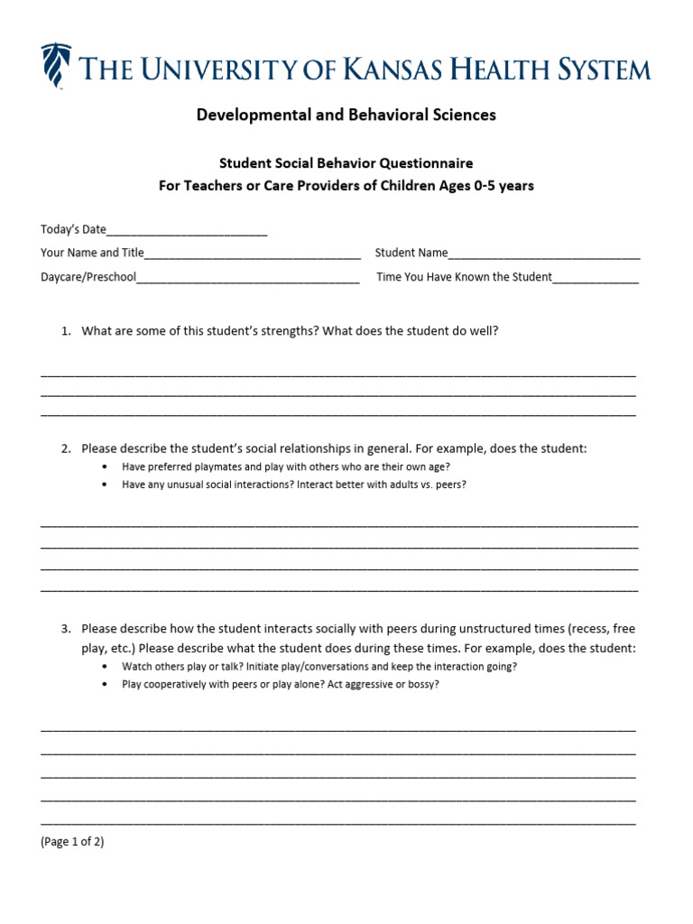 SBQ Age 0 To 5 Social Behavior Questionnaire - Fillable Form | PDF ...