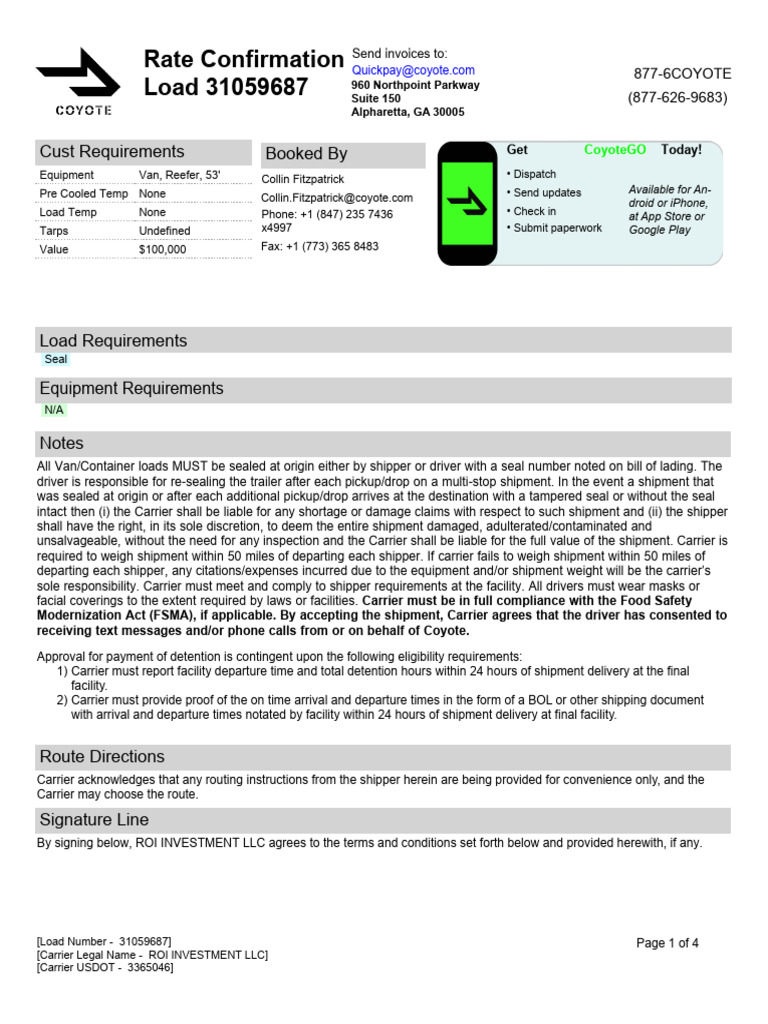 Rate Confirmation For Load #31059687 | PDF | Cargo | Information