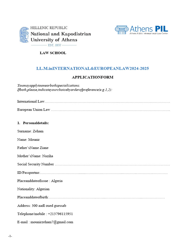 LL.M. Application Form: International & EU Law | PDF | Academic Degree ...
