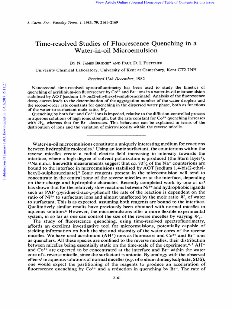 Time-Resolved Studies of Fluorescence Quenching in A Water-In-Oil ...