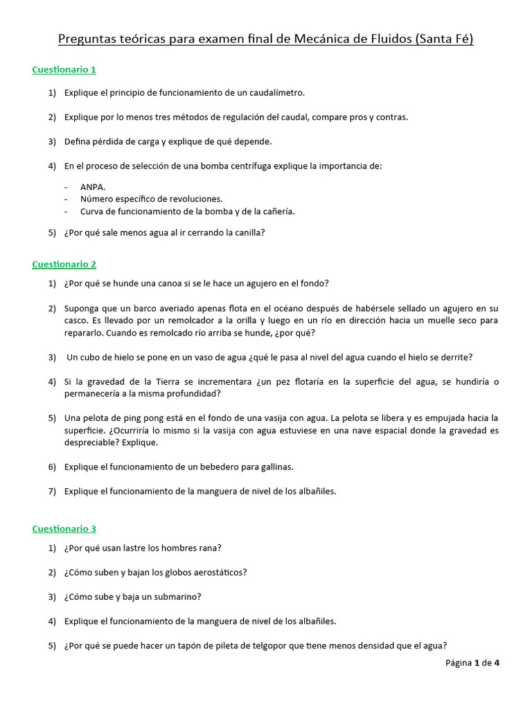 Preguntas Teóricas para Final de Fluidos | PDF | Agua
