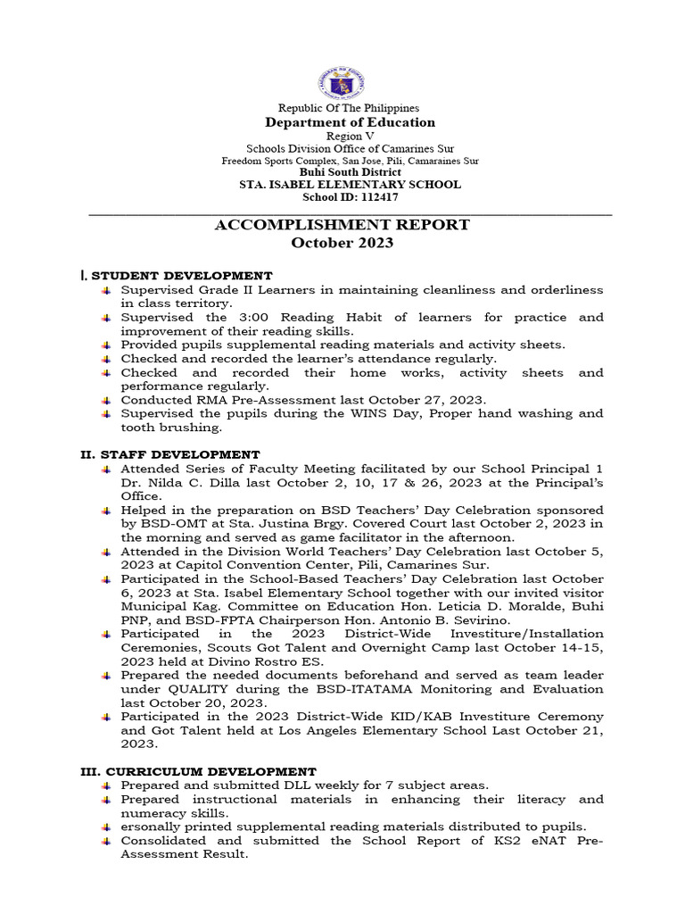 Accomplishment Report | PDF | Learning | Behavior Modification