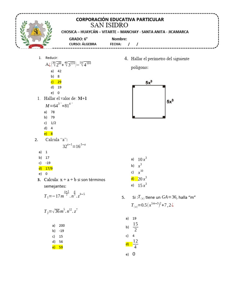 6º Prim-Algebra PREGUNTAS DE SIMULACRO | PDF