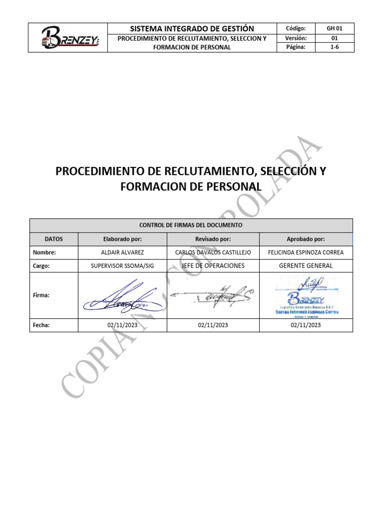 GH 01 Procedimiento de Reclutamiento Seleccion y Formacion de Personal | PDF | Reclutamiento ...