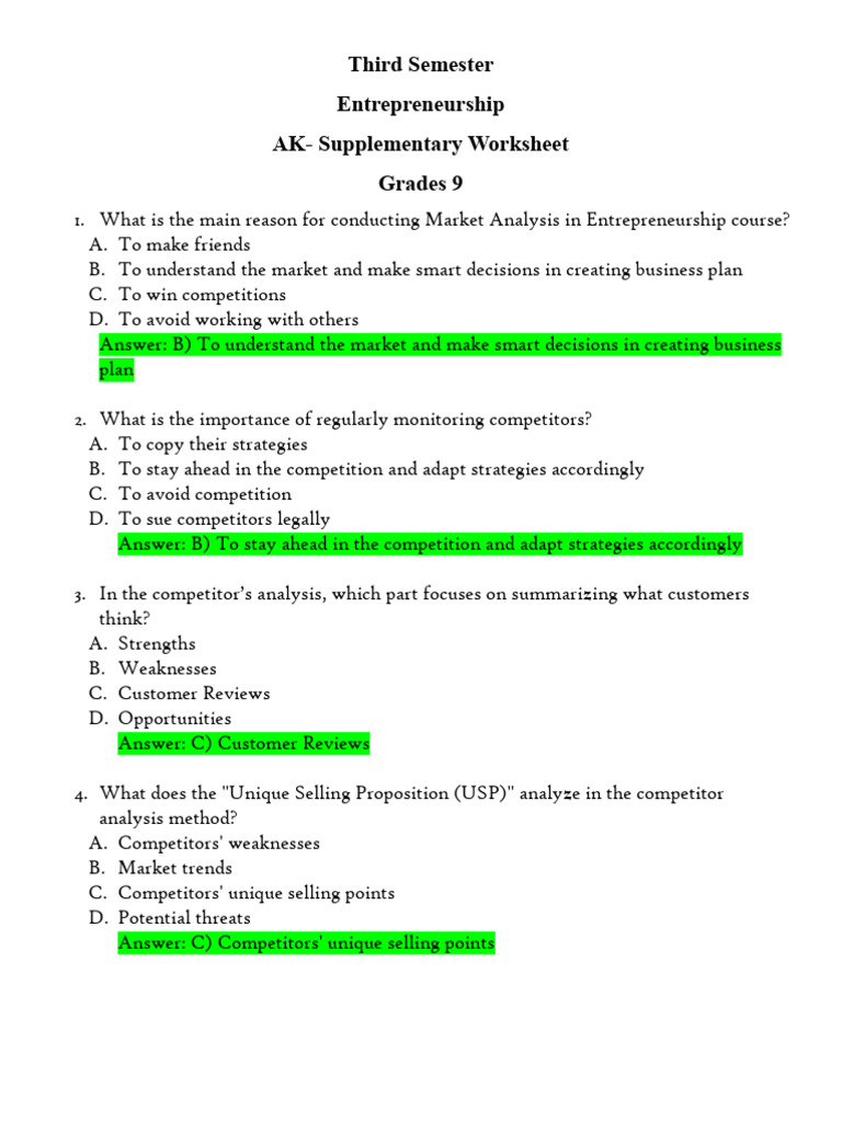 AK - Entrepreneurship Worksheet G 9 | PDF | Market Segmentation | Swot ...