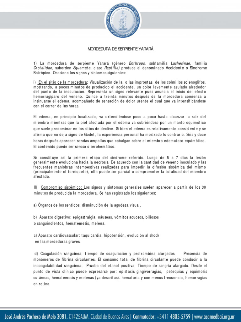 Mordedura de Yarará: Síndrome Botrópico | PDF | Veneno | Medicina CLINICA