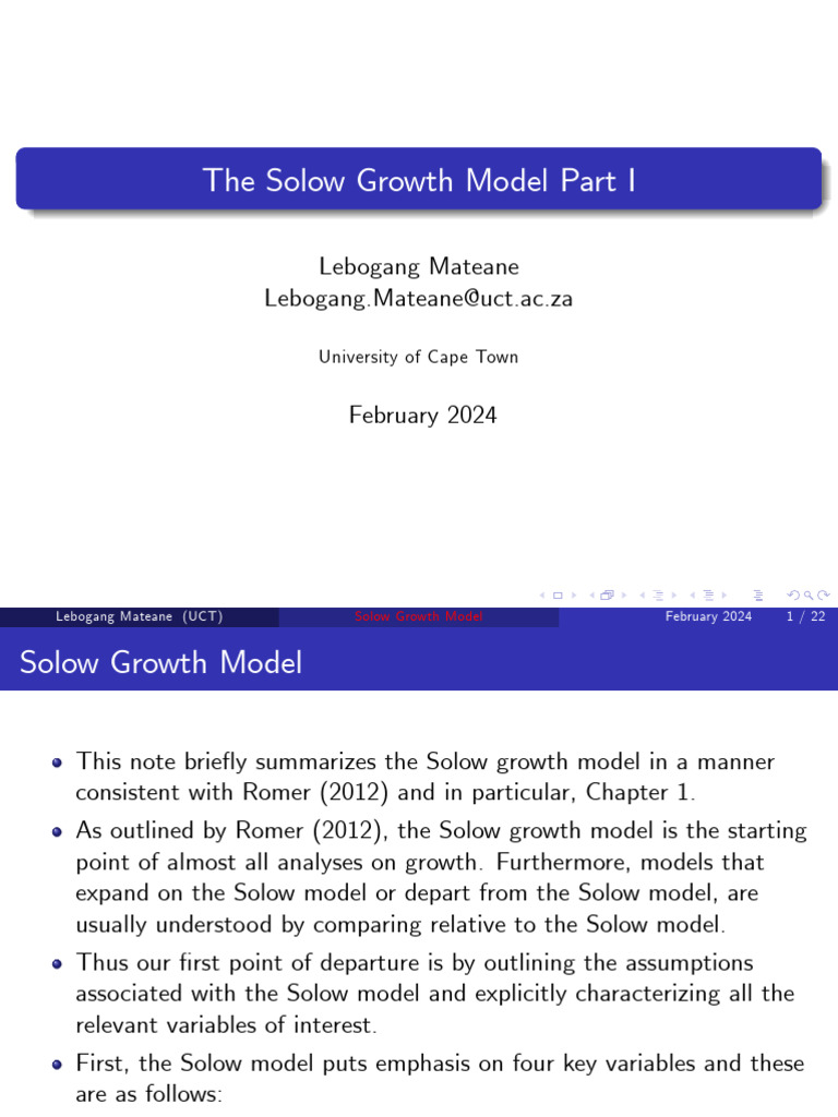 Lect 1 Solow Growth Part I Eco5021f Feb 2024 | PDF | Capital (Economics) | Production Function