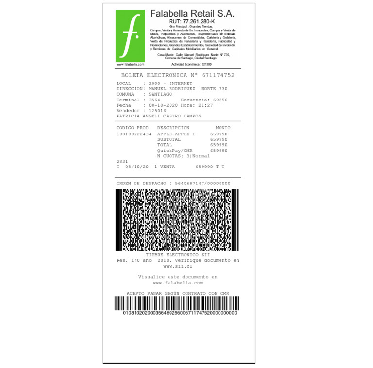 Boleta Electrónica Falabella 671174752 | PDF