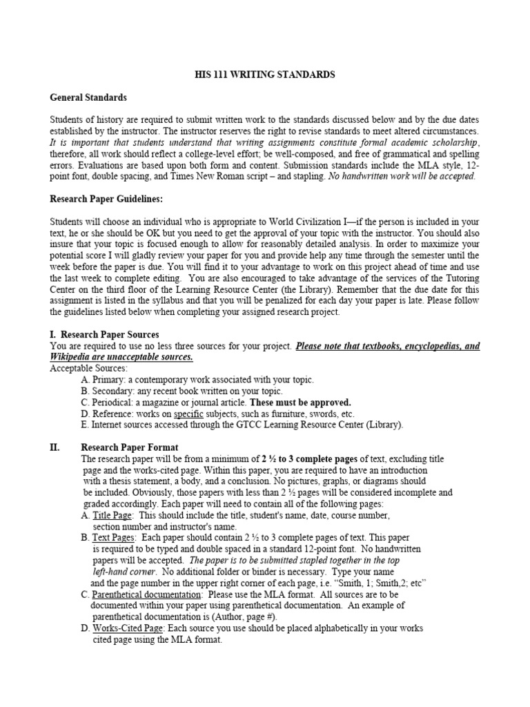 HIS 111 Research Paper Standards | PDF | Plagiarism | Academic Publishing