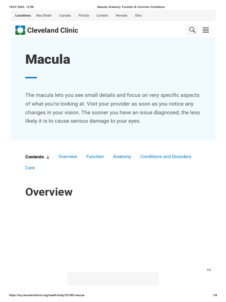 Macula - Anatomy, Function & Common Conditions | PDF | Retina | Eye