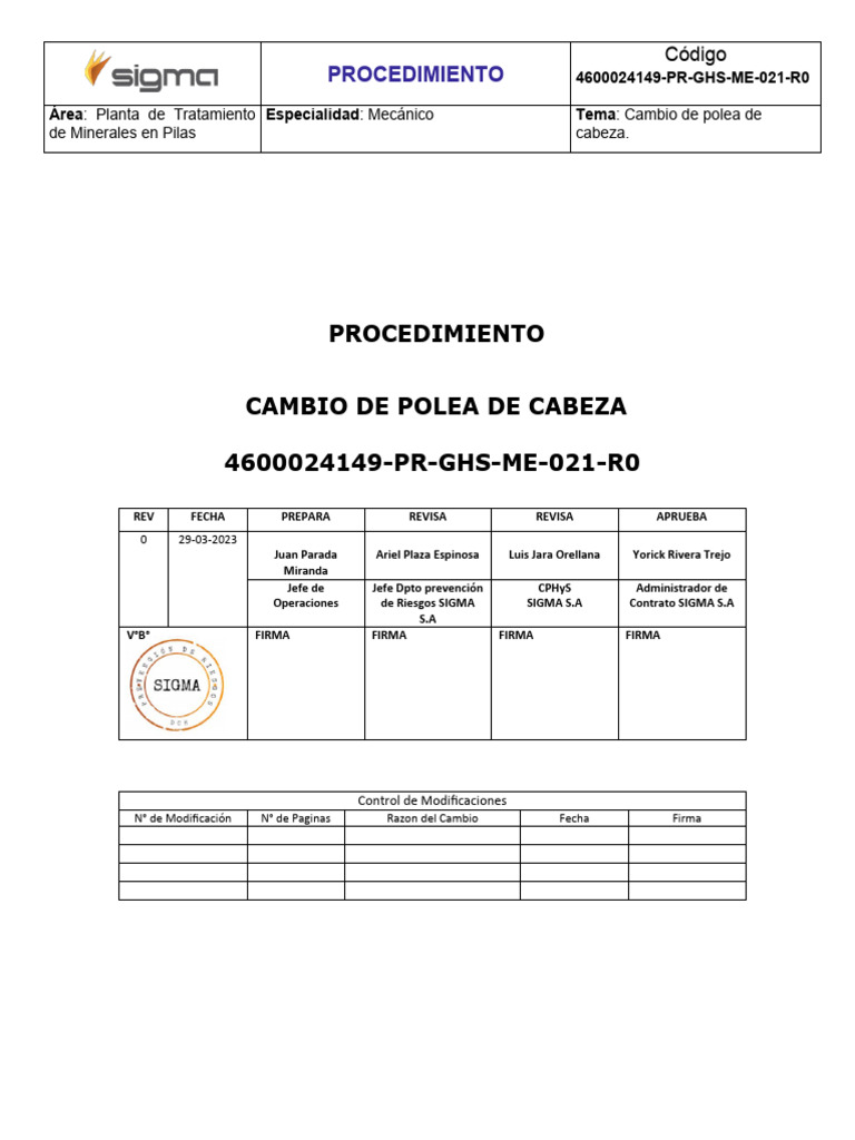 4600024149-PR-GHS-ME-021-R0 PROCEDIMIENTO CAMBIO DE POLEA DE CABEZA (Revisado 04-04-2020) | PDF ...