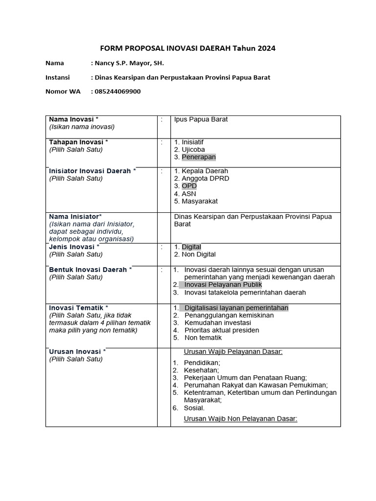 Form Proposal Inovasi Daerah - 2024 | PDF