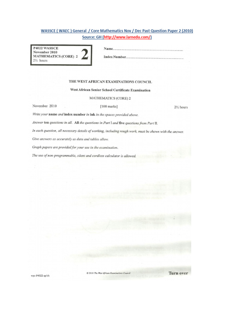 Waec Wassce Core General Mathematics Maths Nov Dec Past Questions | PDF