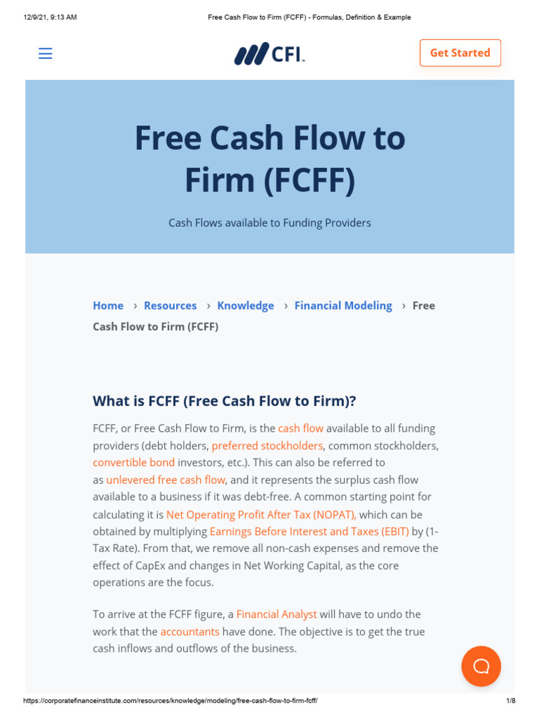 Free Cash Flow To Firm (FCFF) - Formulas, Definition & Example | PDF ...
