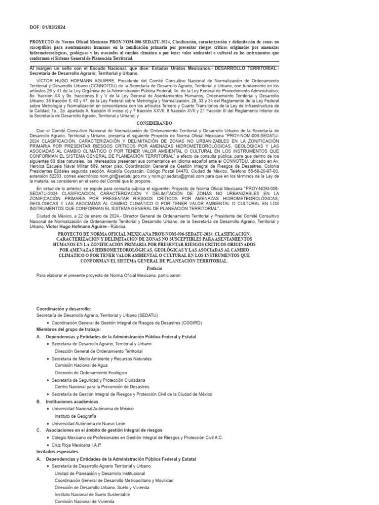 Dof - Proy-Nom-006-Sedatu-2024 | PDF | Riesgo | Entorno natural