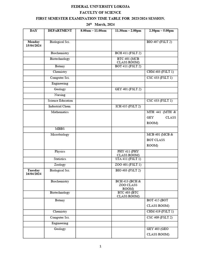 Draft Timetable For First Semester 2023-2024 Academic Session - 080117 ...