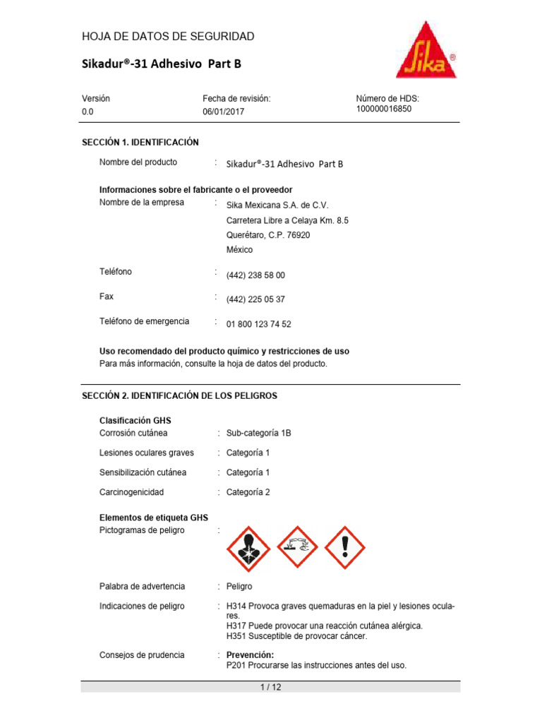 Sikadur31AdhesivoParteB Hoja de Seguridad | PDF | Agua | Solubilidad