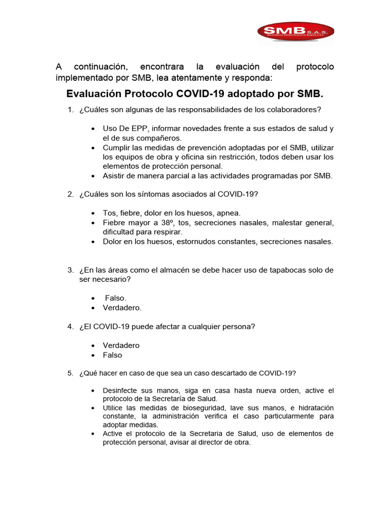 Evaluación Protocolo COVID-19 SMB | PDF | Medicina | Enfermedades y trastornos