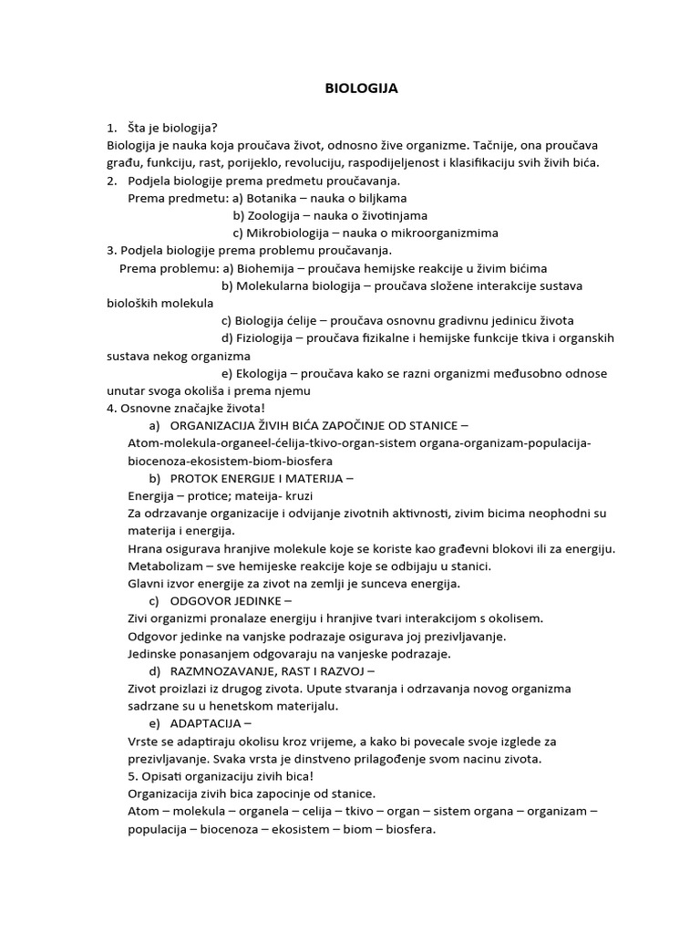 Biologija Ispitna Pitanja | PDF