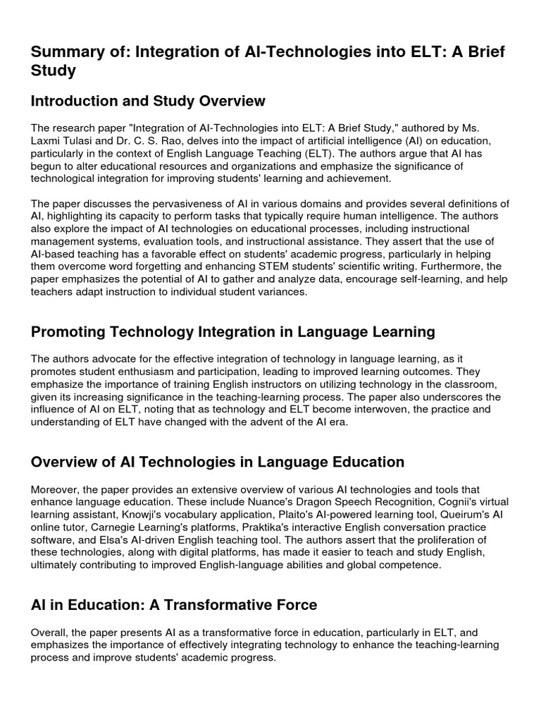 Summary of Integration of AI-Technologies Into ELT_ a Brief Study | Download Free PDF ...