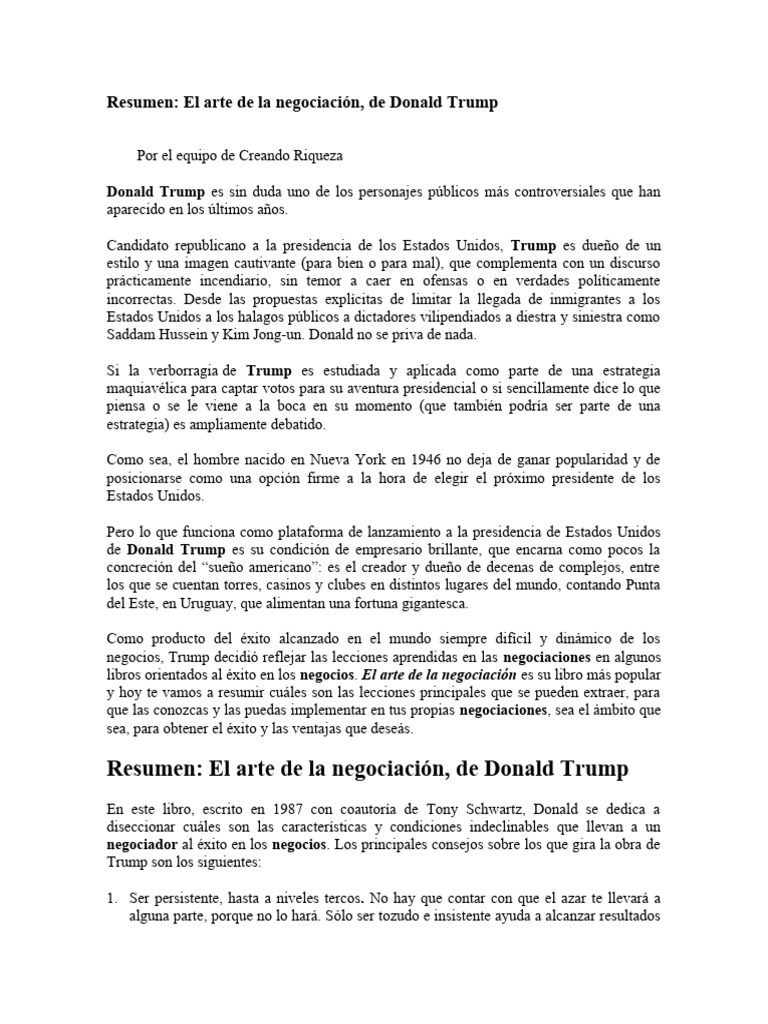 Resumen de "El arte de la negociación" | PDF | Donald Trump | Gobierno ...
