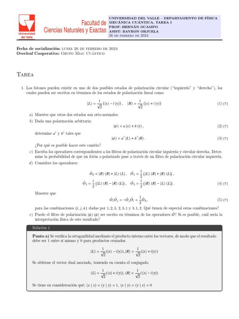 Tarea de Mecánica Cuántica: Polarización y Operadores | PDF | Valores ...