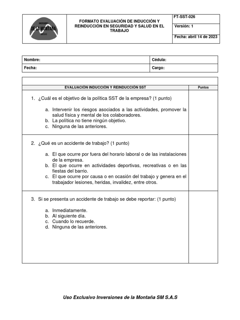 FT-SST-026 Formato Evaluación Inducción y Reinducción de SST | PDF