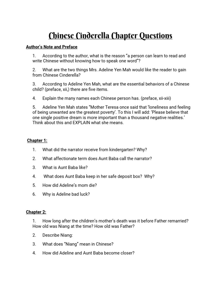 Chinese Cinderella Chapter Questions | PDF | Language Arts & Discipline ...
