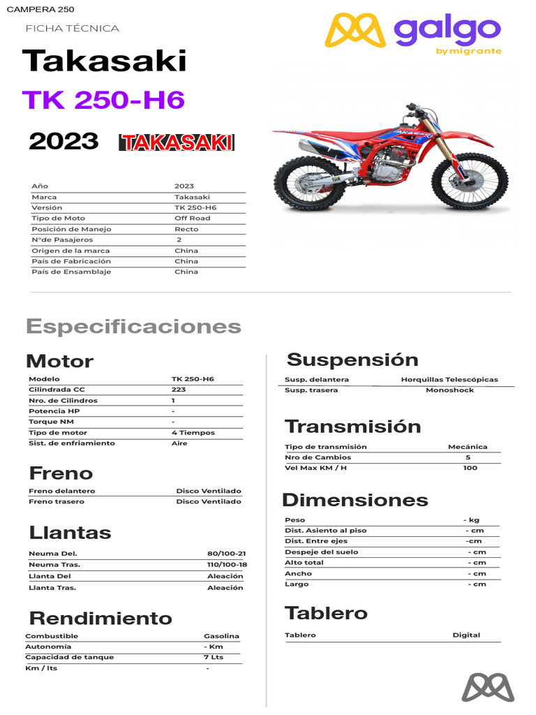 Copia de Ficha T Cnica Takasaki TK 250-H6 Galgo | PDF