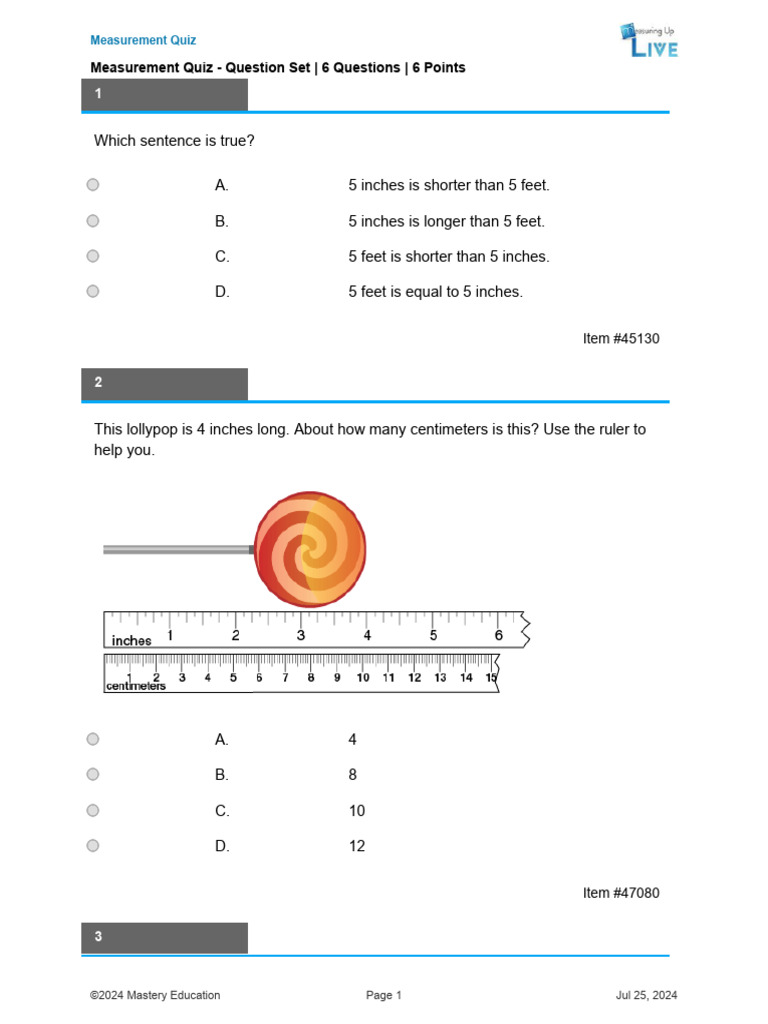 Measurement Quiz - Question Set | Download Free PDF | Length | Tools